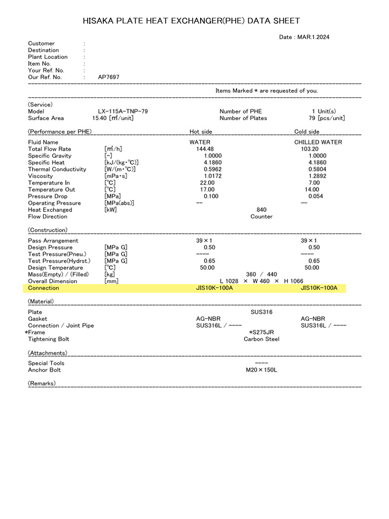 Heat Exchanger Data Sheet AP7697 (LX-115A-TNP-79) | PDF | Heat Exchanger | Process Engineering