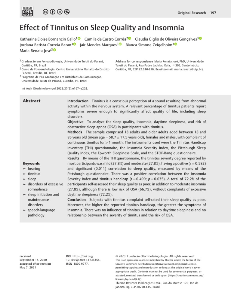 Tinnitus Impact on Sleep Quality and Insomnia | PDF | Tinnitus | Sleep ...