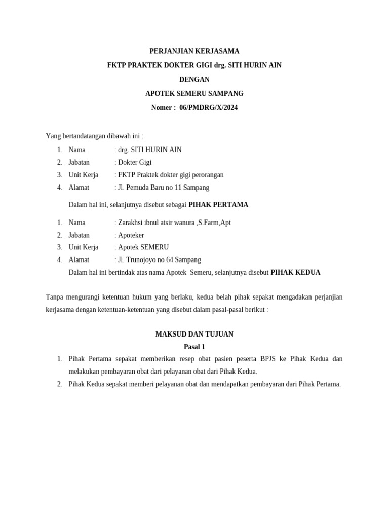 MoU Jejaring Apotek DRG SITI HURIN AIN 2024 | PDF