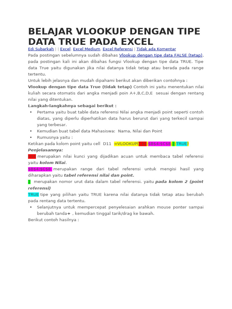 VLOOKUP TRUE di Excel: Panduan Praktis | PDF | Karier & Perkembangan | Metode & Bahan Ajar