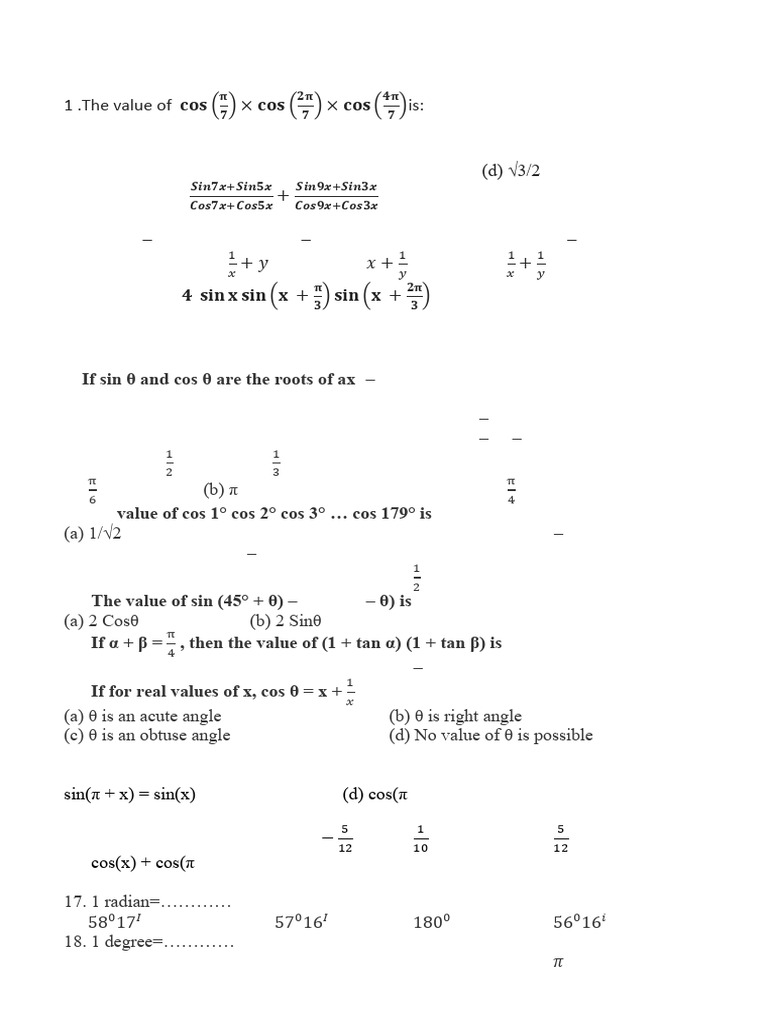 Trigonometric Functions MCQs Guide | PDF | Trigonometric Functions ...