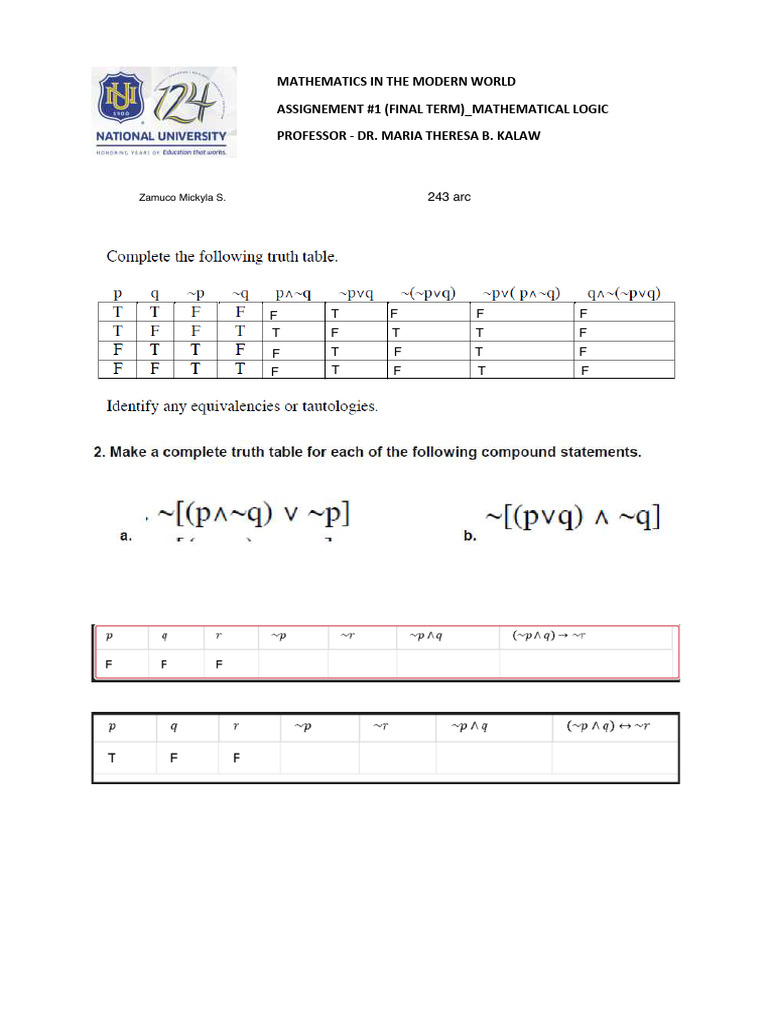 Assignment #1 (Finals) - Mathematical Logic - ARC 243 | PDF