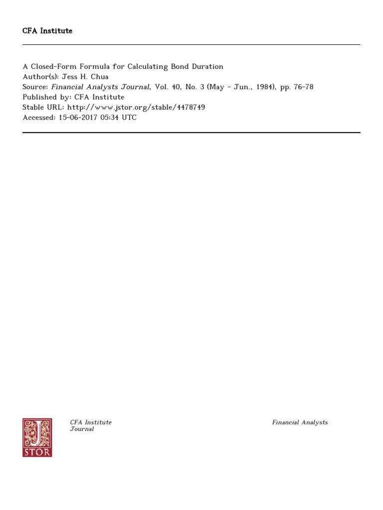 A Closed-Form Formula For Calculating Bond Duration-Financial Analysts Journal-1984 | PDF | Bond ...