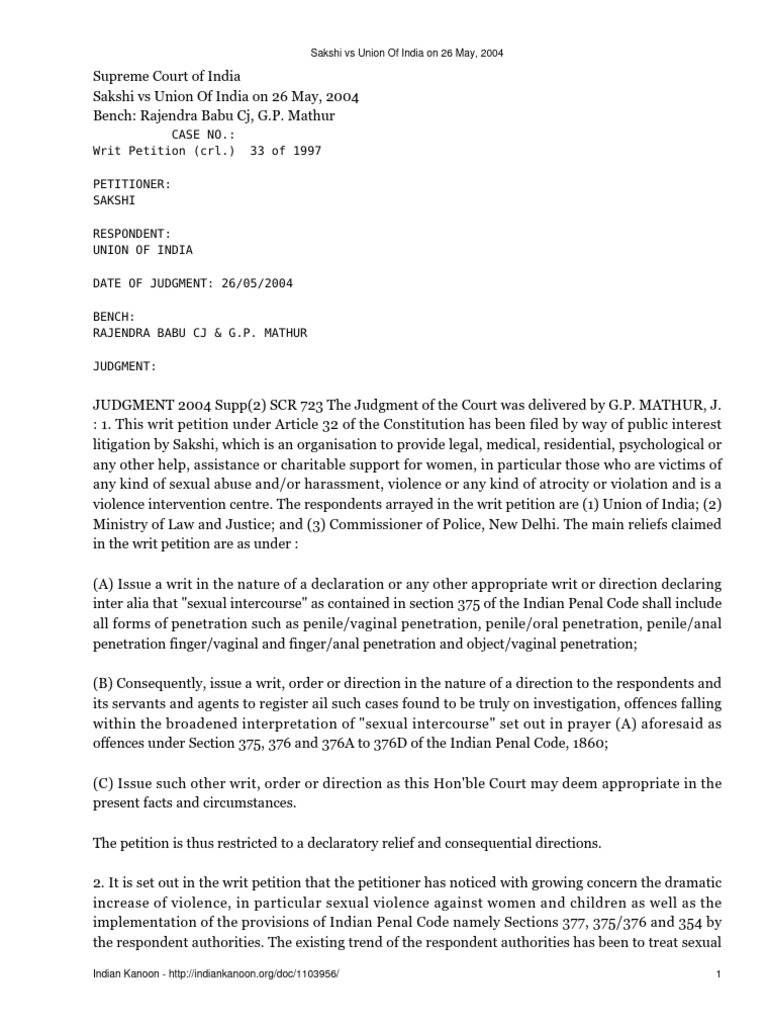 Sakshi Vs Union of India On 26 May, 2004 | PDF | Rape | Precedent