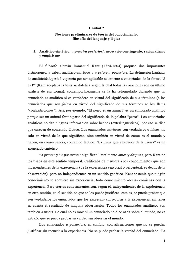 Unidad 2. Analítico-Sintético, A Priori-A Posteriori. Lógica Elemental ...