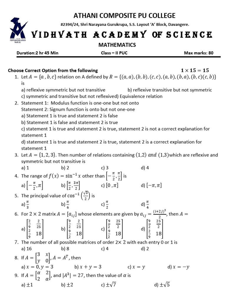 Mid term Model Paper | PDF | Determinant | Matrix (Mathematics)