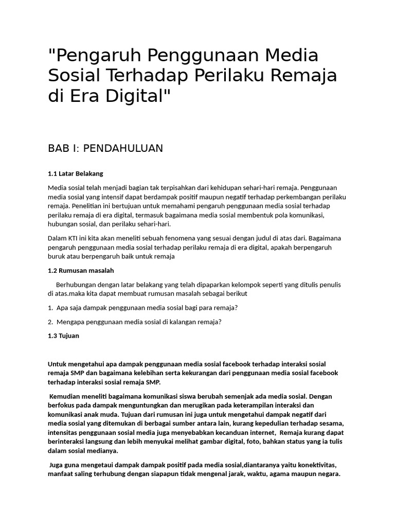 Pengaruh Penggunaan Media Sosial Terhadap Perilaku Remaja Di Era Digital | PDF