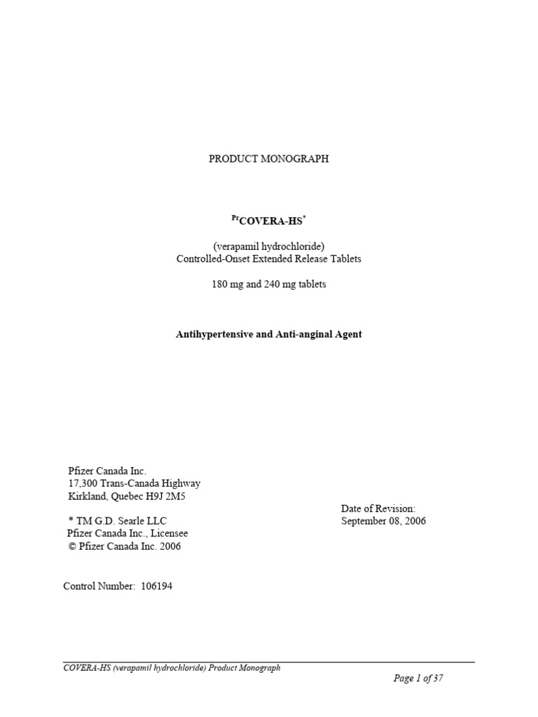 COVERA-HS (Verapamil Hydrochloride) Product Monograph | PDF | Heart ...