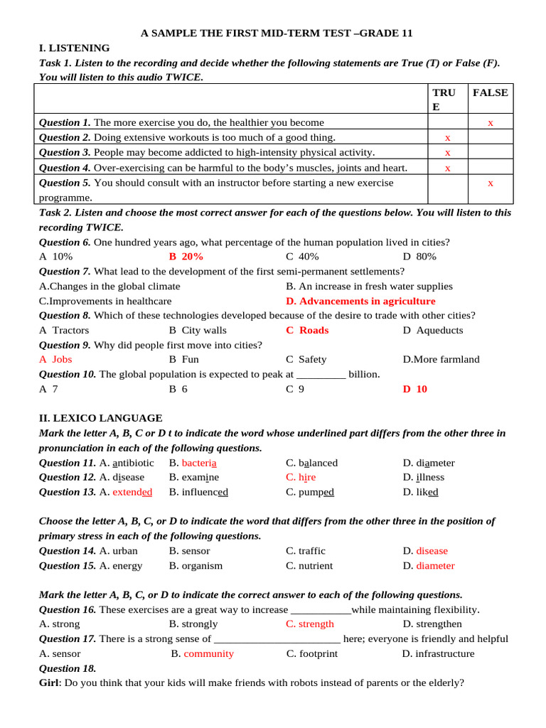 KEY-SAMPLE MID TERM 1 TEST Sáng-11 | PDF | Cooking | Healthy Diet