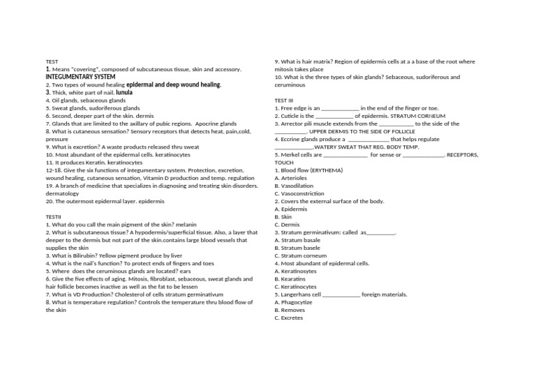 INTEGUMENTARY SYSTEM - Quiz Reviewer | PDF | Skin | Integumentary System