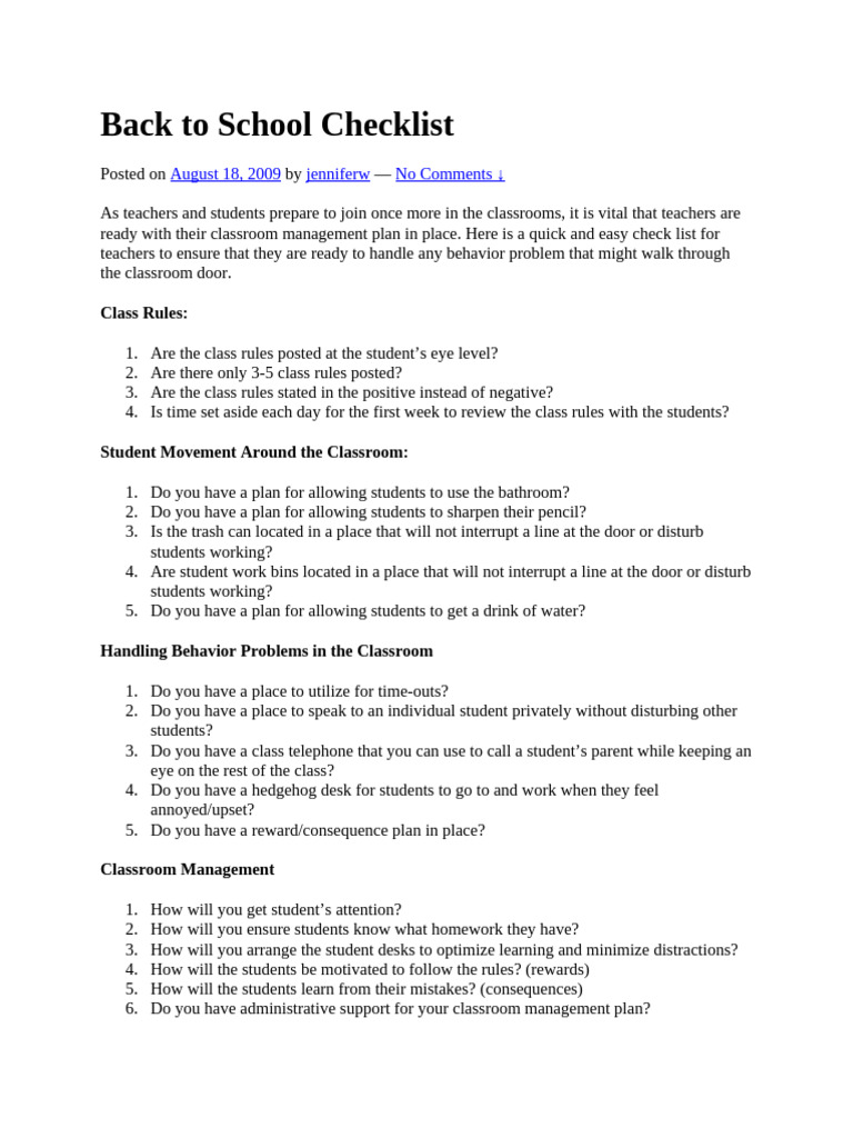 Essential Classroom Management Checklist | PDF