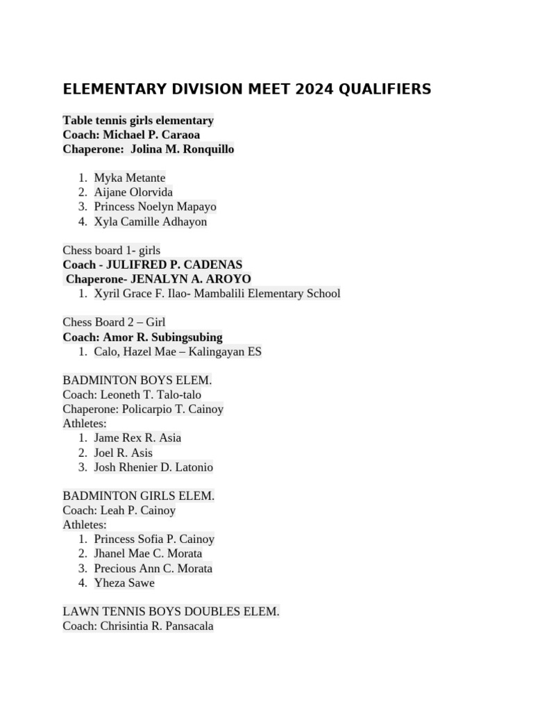 2024 Elementary & Secondary Sports Qualifiers | PDF