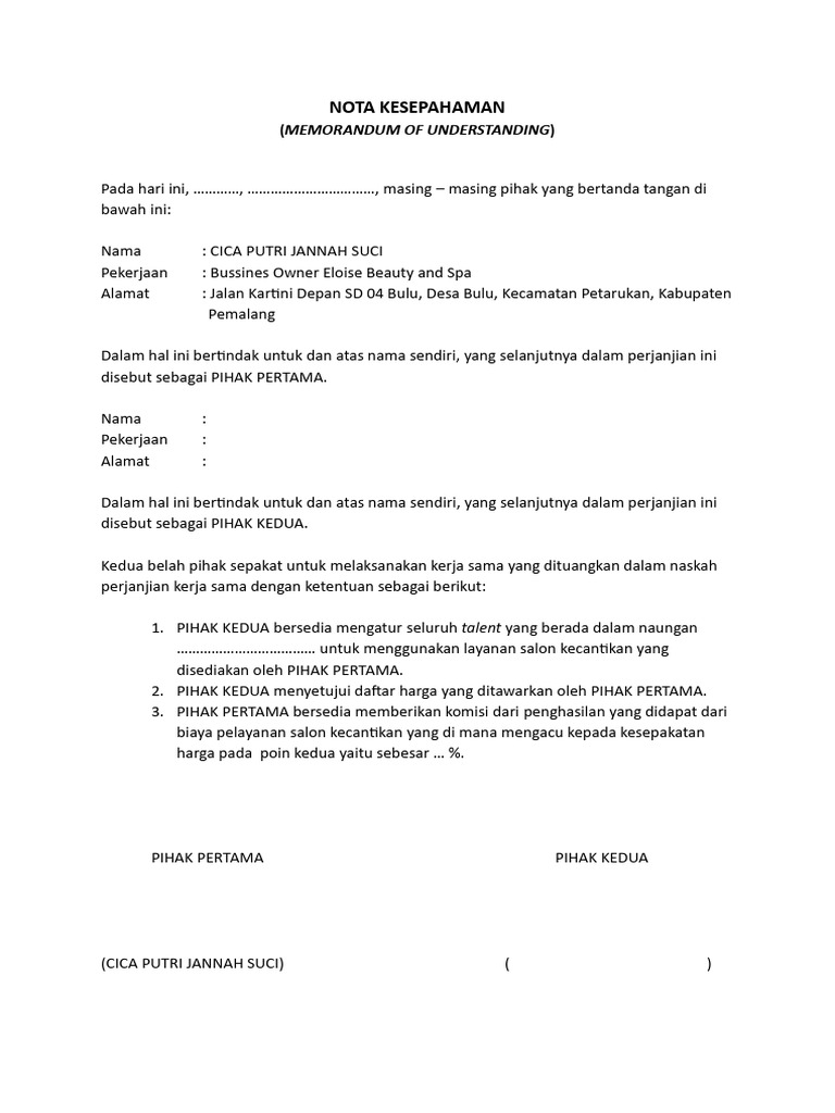 NOTA KESEPAHAMAN ELOISE Template | PDF | Pengelolaan Keuangan & Uang