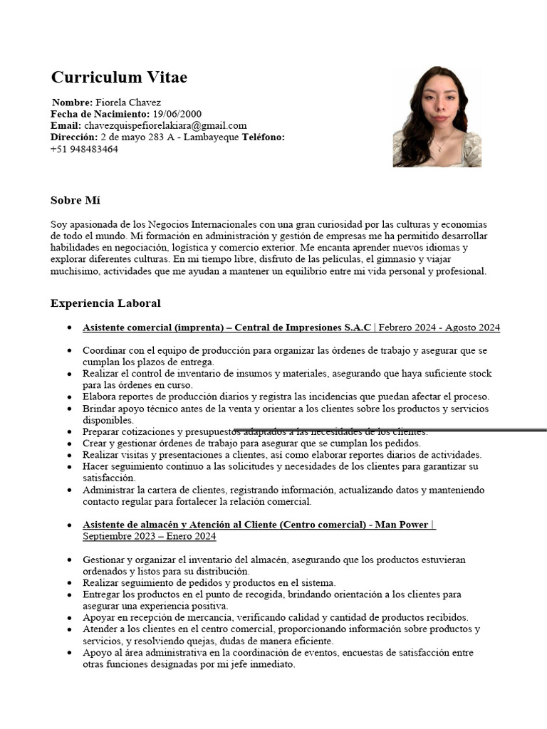 Curriculum Vitae - Fiorela Kiara Chavez Quispe | PDF | El comercio internacional | Business