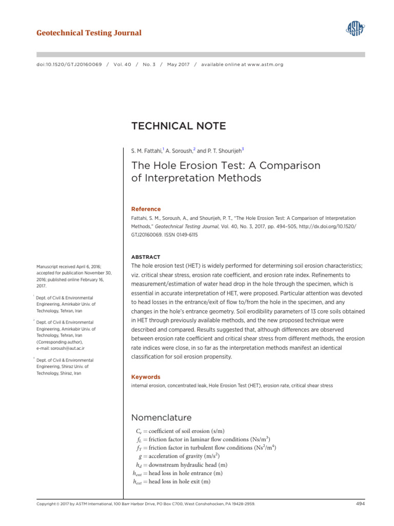 The Hole Erosion Test - A Comparison of Interpretation Methods | PDF ...