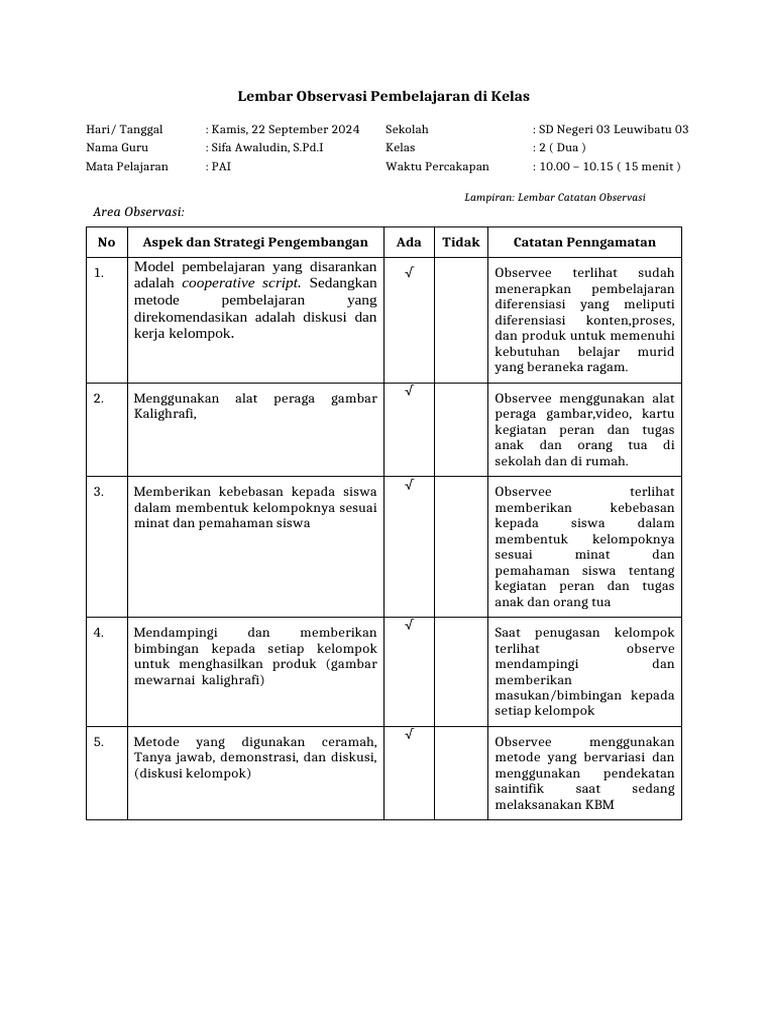 Lembar Observasi Pembelajaran Di Kelas | PDF