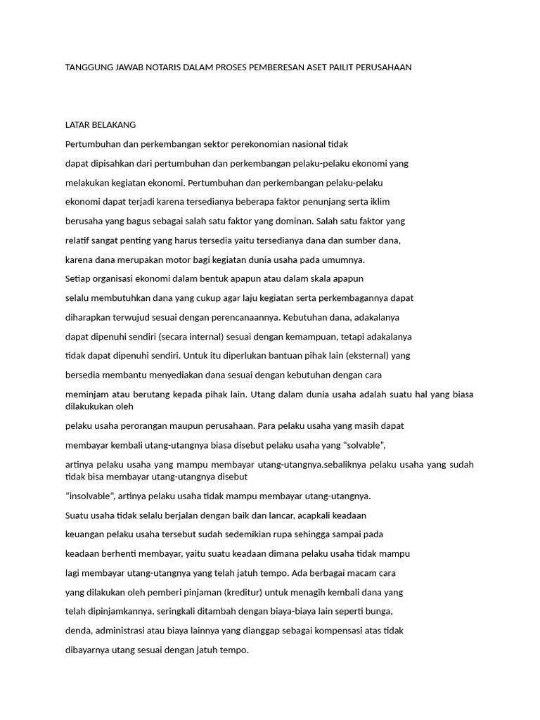 Tanggung Jawab Notaris Dalam Proses Pemberesan Aset Pailit Perusahaan ...