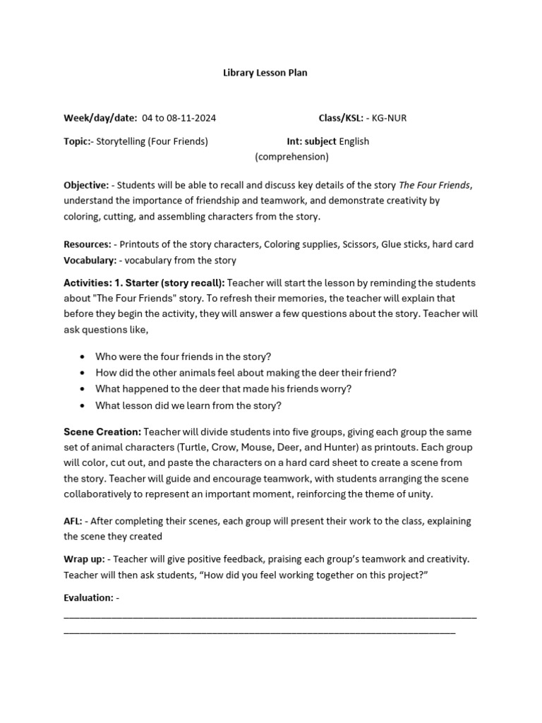 Four Friends Storytelling Lesson Plan | PDF