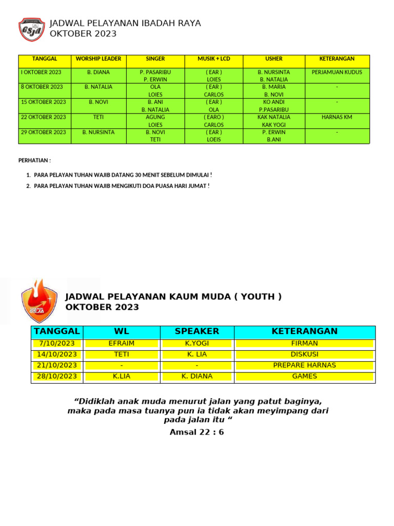 jadwal pelayanan | PDF