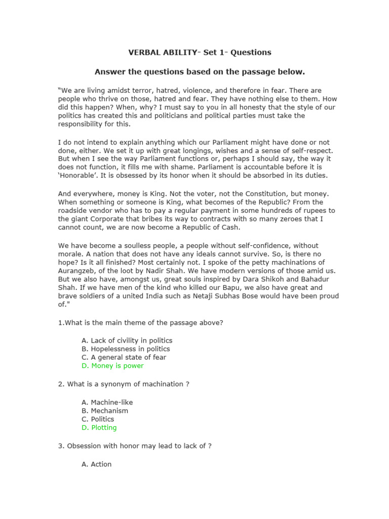 Verbal Ability SET 1 Answer Key | PDF