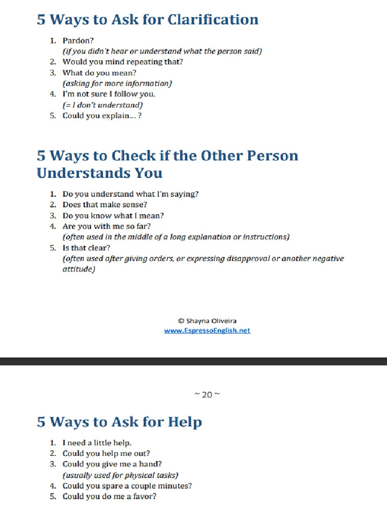Ways To (Ask For Clarification - Check Others Understanding - Ask For Help) | PDF
