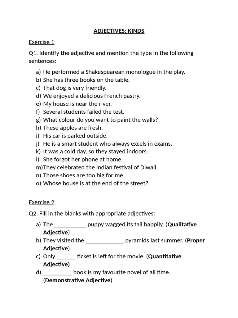 Adjective Exercises for Students | PDF