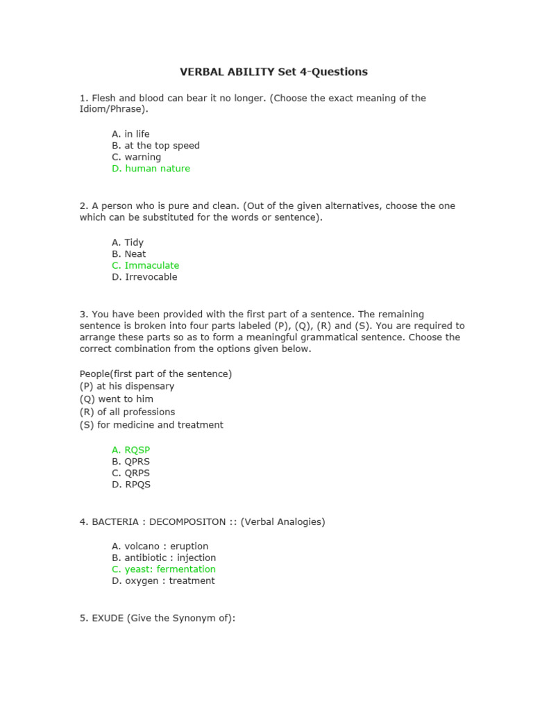 Verbal Ability SET 4 Answer Key | PDF | Science & Mathematics