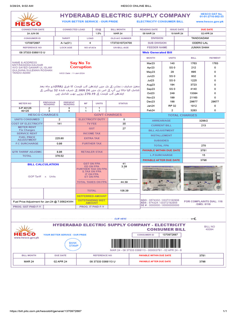 HESCO ONLINE BILL MKK (March-2024) | PDF | Taxes | Value Added Tax