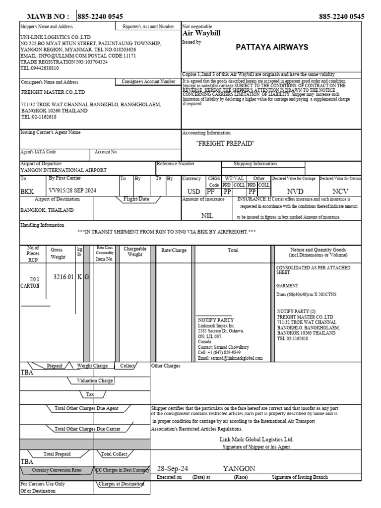 Mawb Draft 885 2240 0545 (201CTNS) Etd-28sep | PDF | Economies