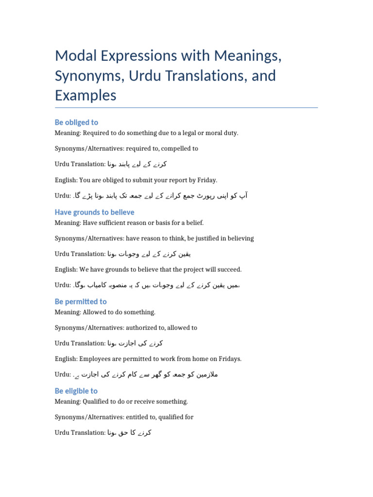 Modal Expressions Urdu Translation | PDF