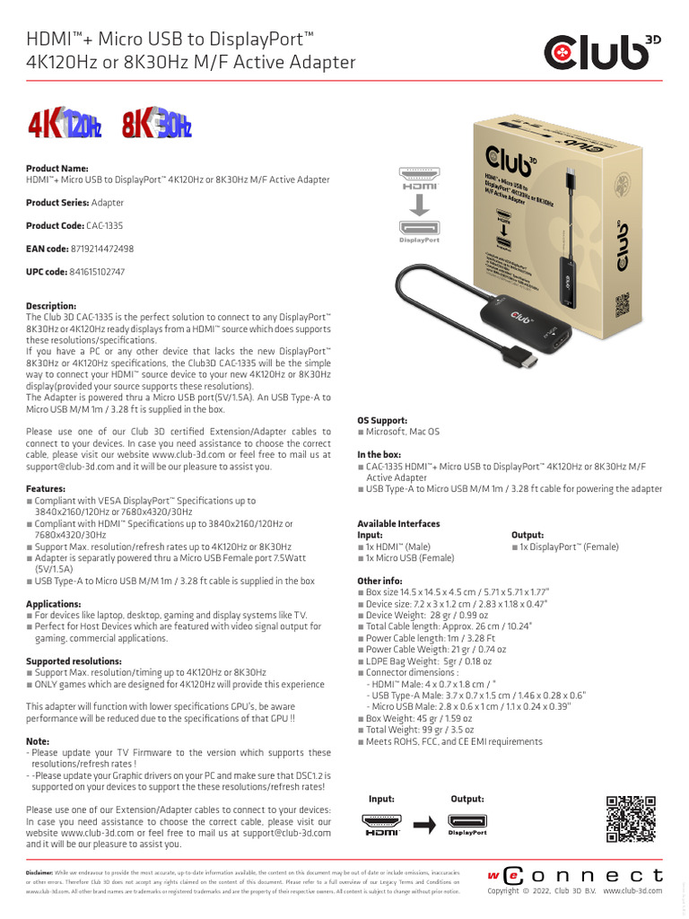 Cac 1335 Specification Sheet en | PDF | Hdmi | Usb