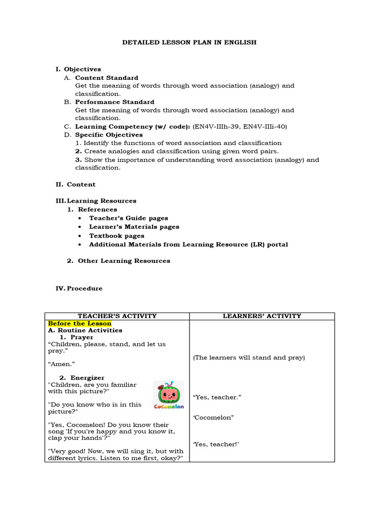 Detailed Lesson Plan in English Analogy g4.2 | PDF | Analogy | Learning