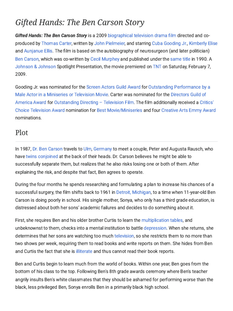 Gifted Hands - The Ben Carson Story - Wikipedia | PDF