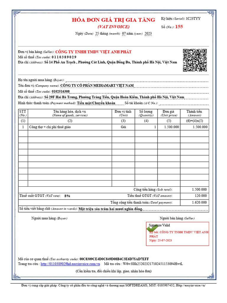 Hoadon 0110389029 1c23tyy 155 | PDF