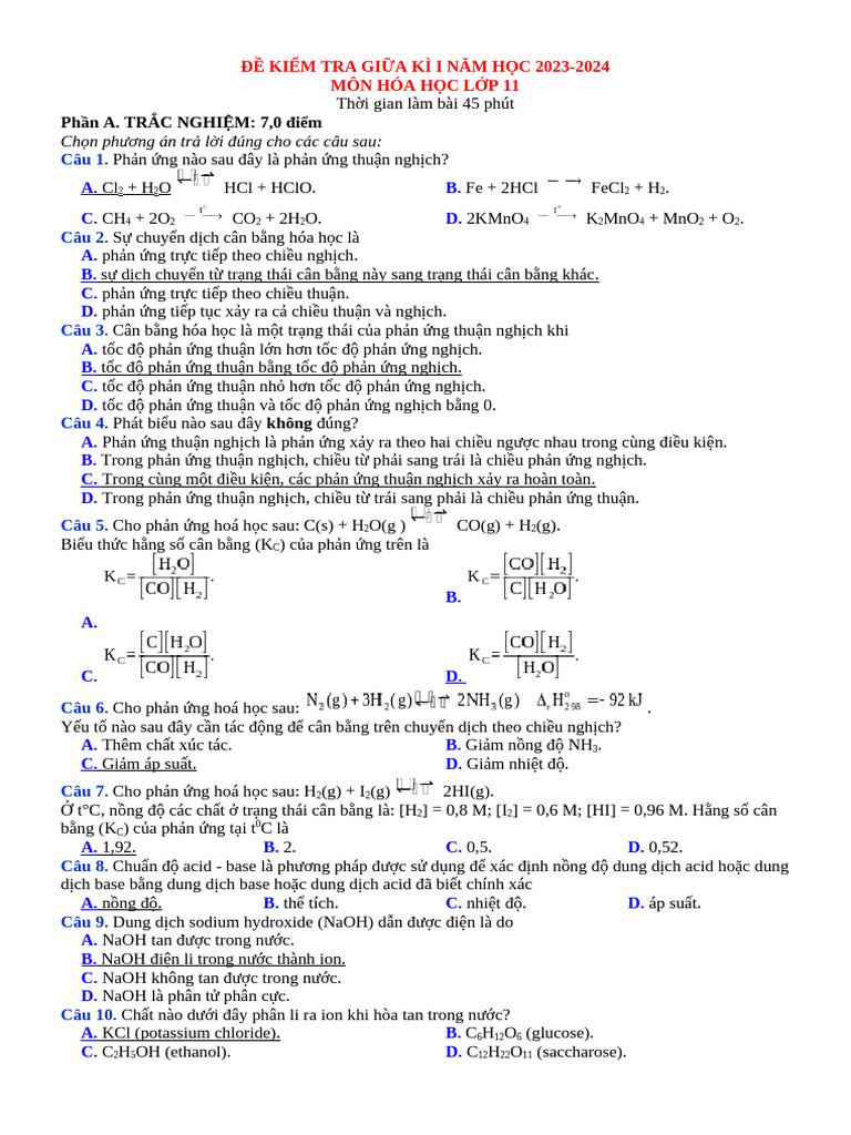 23-24. Đề LT Hóa 11 - GHKI | PDF