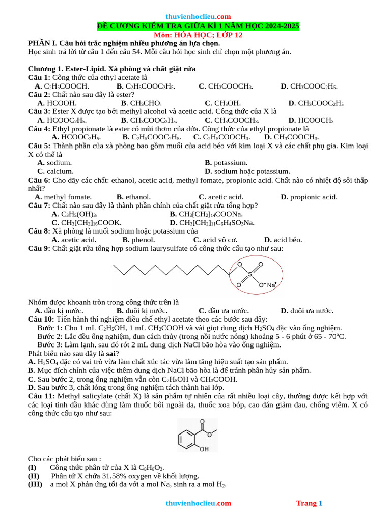 De Cuong On Tap Giua HK1 Hoa 12 CTST 24 25 | PDF
