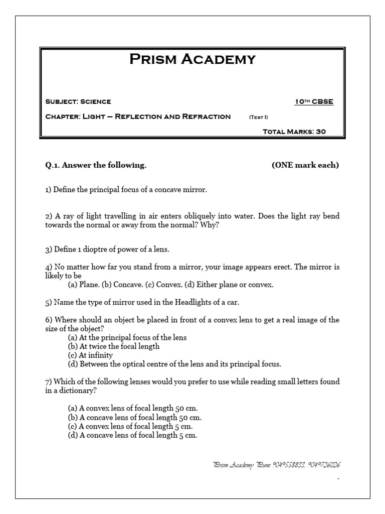 Phy - Light Test Revised 2 | PDF | Optics | Electromagnetic Radiation