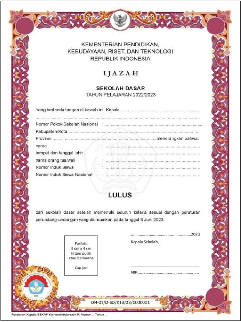 Contoh Blangko Ijazah SD 2023 | PDF