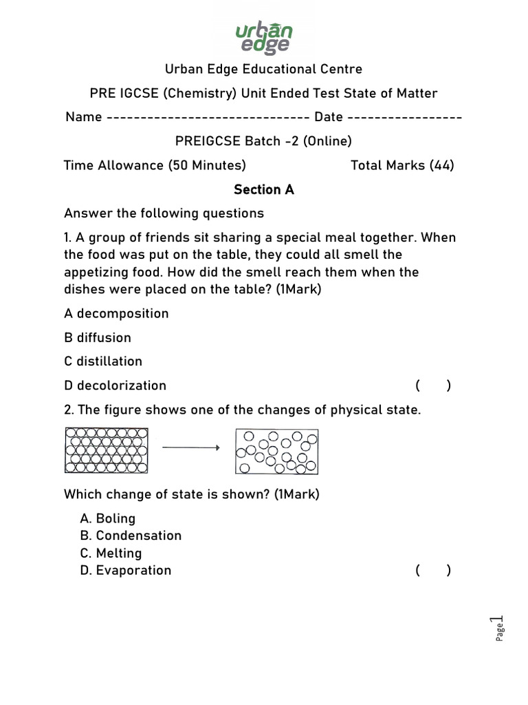 IGCSE Chemistry: States of Matter Test | PDF | Gases | Liquids