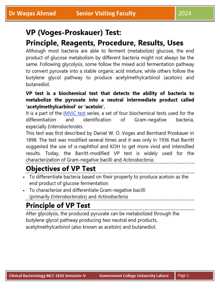 Voges-Proskauer Test Clinical Bacteriology MLT 3102 | PDF | Glycolysis ...