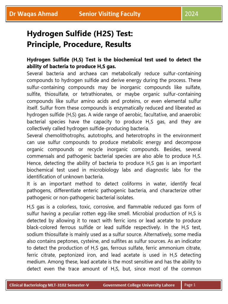 H2S Test Clinical Bacteriology MLT 3102 | PDF | Sulfur | Bacteria