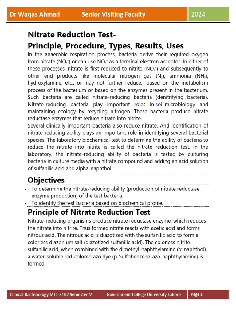 Nitrate Reduction Test Clinical Bacteriology MLT 3102 | PDF | Microbiology