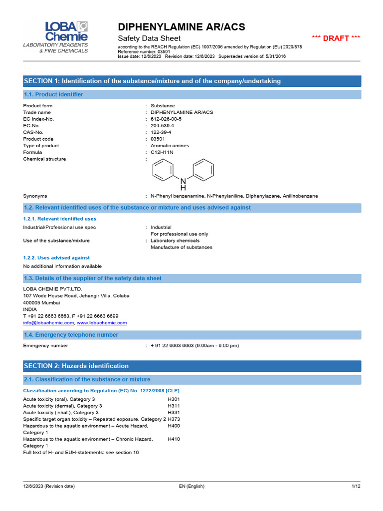 Diphenylamine AR/ACS Safety Data Sheet | PDF | Dangerous Goods | Toxicity