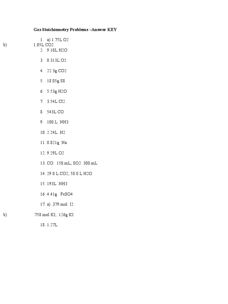 Gas Stoichiometry Problems Answer Key | PDF