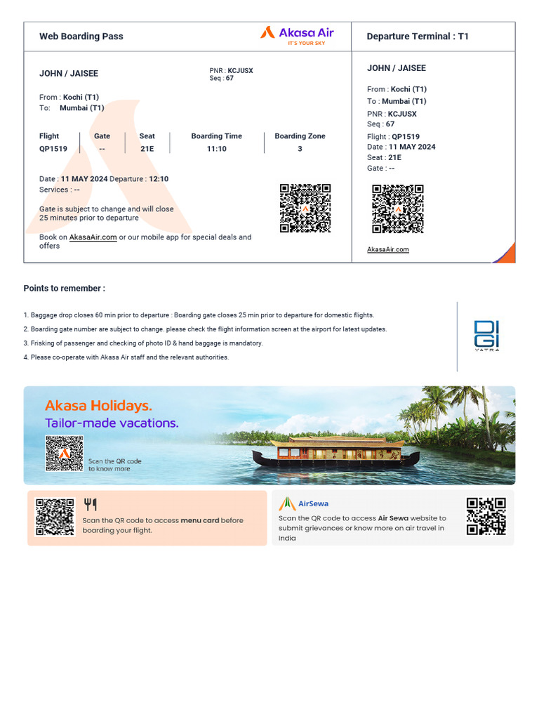 Akasa Air Boarding Pass Details | PDF