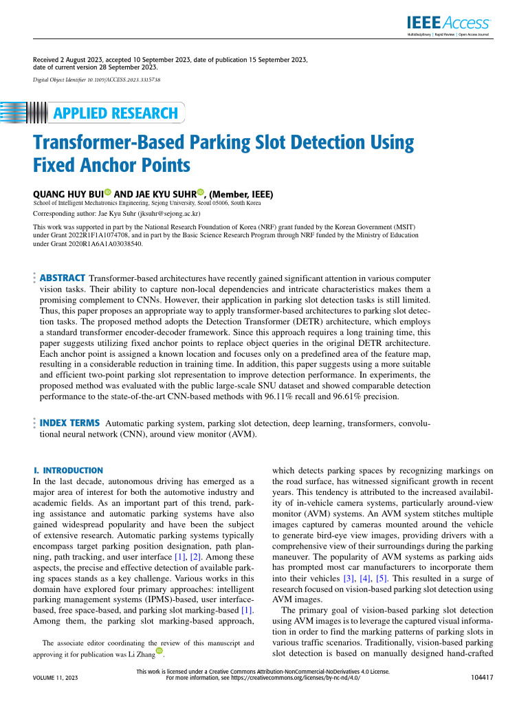 Transformer Based Parking Slot Detection Using Fixed Anchor Points Pdf Artificial