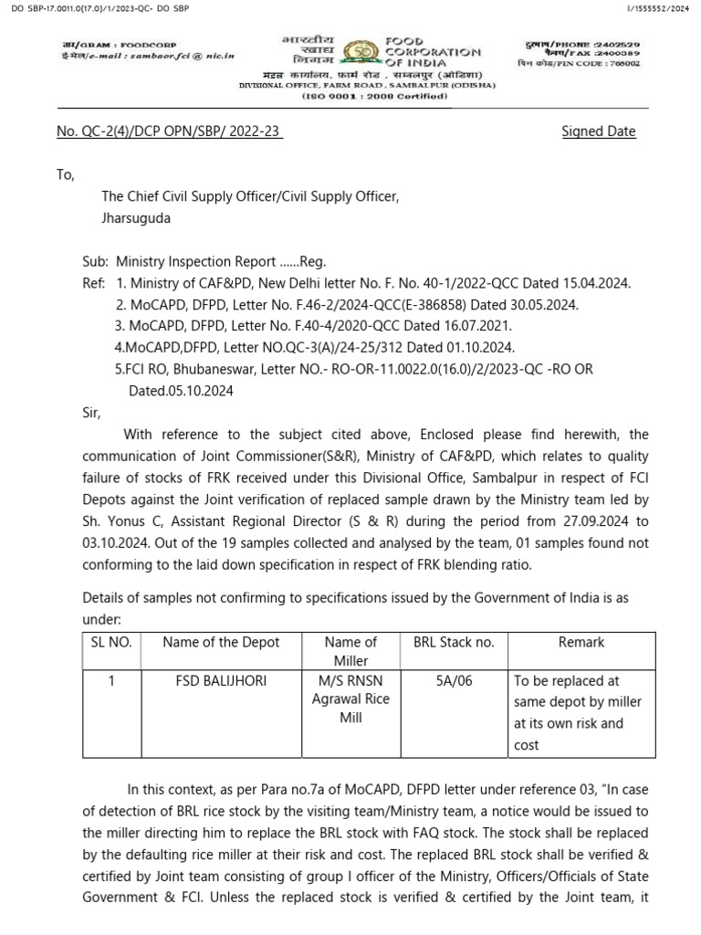 Ministry Isnpection Report to Cso Jharsuguda. | PDF