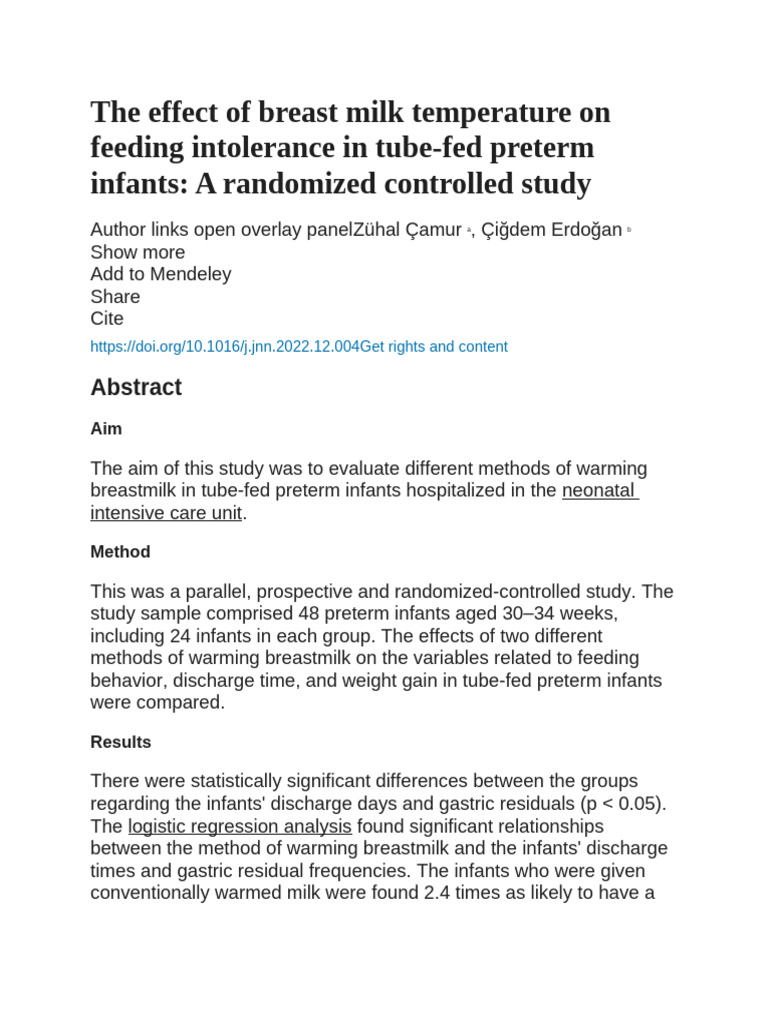 Breast Milk Temperature Impact on Preterm Infants | PDF | Preterm Birth ...