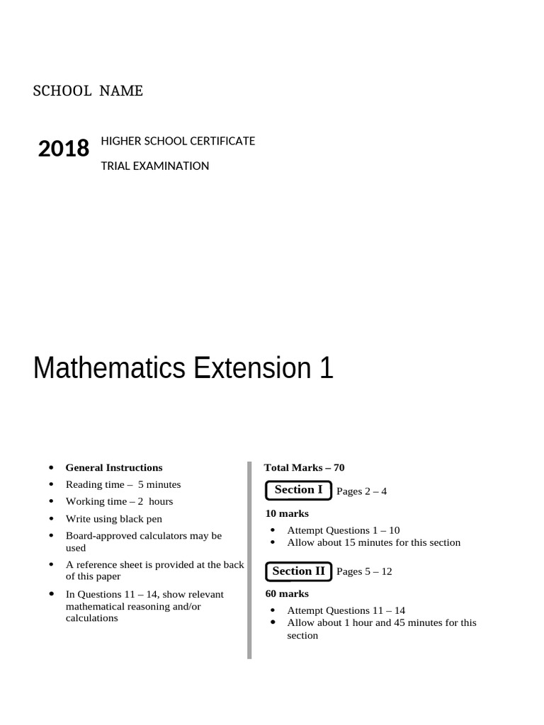 2018 HSC Mathematics Ext 1 Exam | PDF | Equations | Mathematics