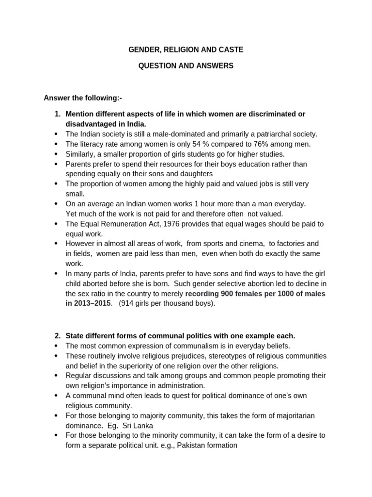 Question and Answers - Gender, Caste and Religion | PDF | Caste | Elections